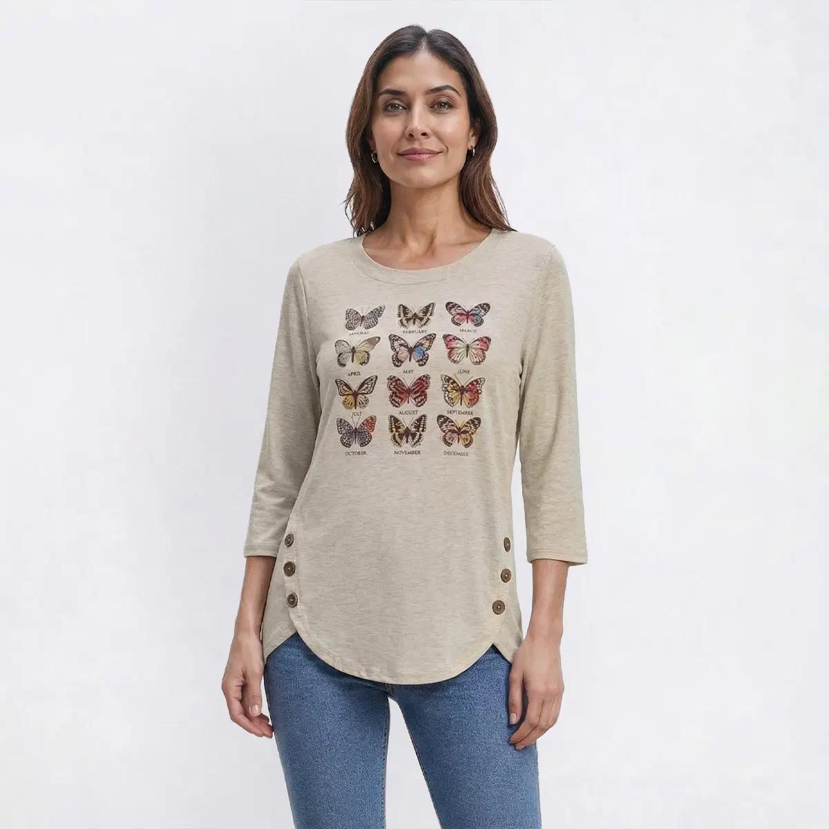 Click here for Womens Tru Self 3/4 Sleeve Graphic Butterfly Month... prices